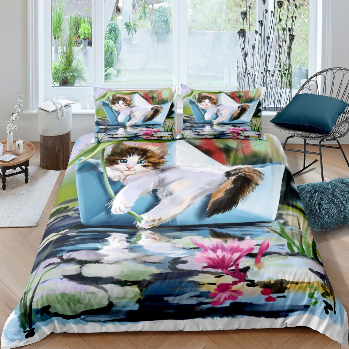 3 Pieces Full Size Quilt Bedding Sets Animal Cute Cat Print Pattern for ...