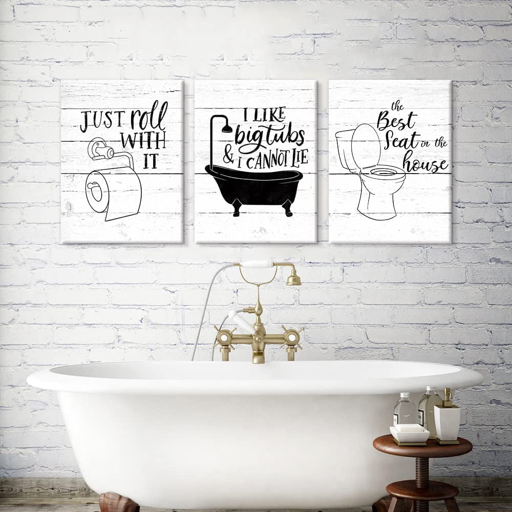 3 Pieces Funny Bathroom Canvas Wall Art Bathroom Quotes on Retro Wood ...
