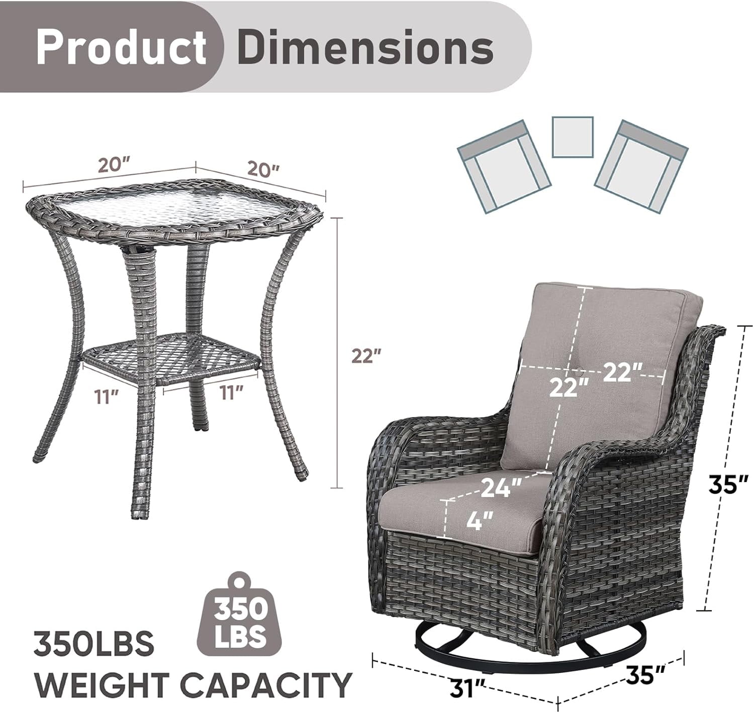 3 Pieces Furniture Set with Swivel Rocker Chairs and Side Table ...