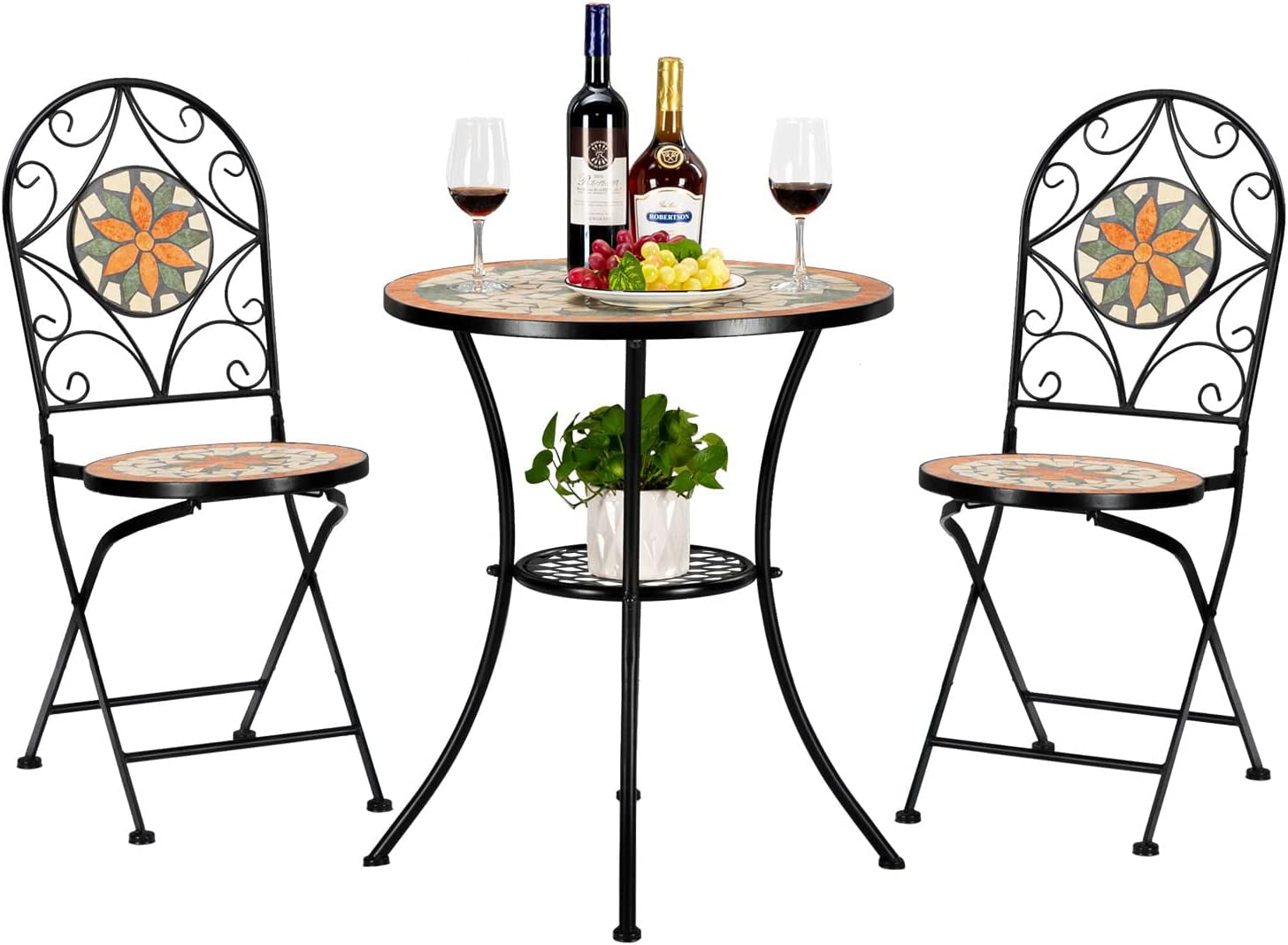 3 Pieces Garden Patio Mosaic Table, Outdoor Bistro Set with Folding ...