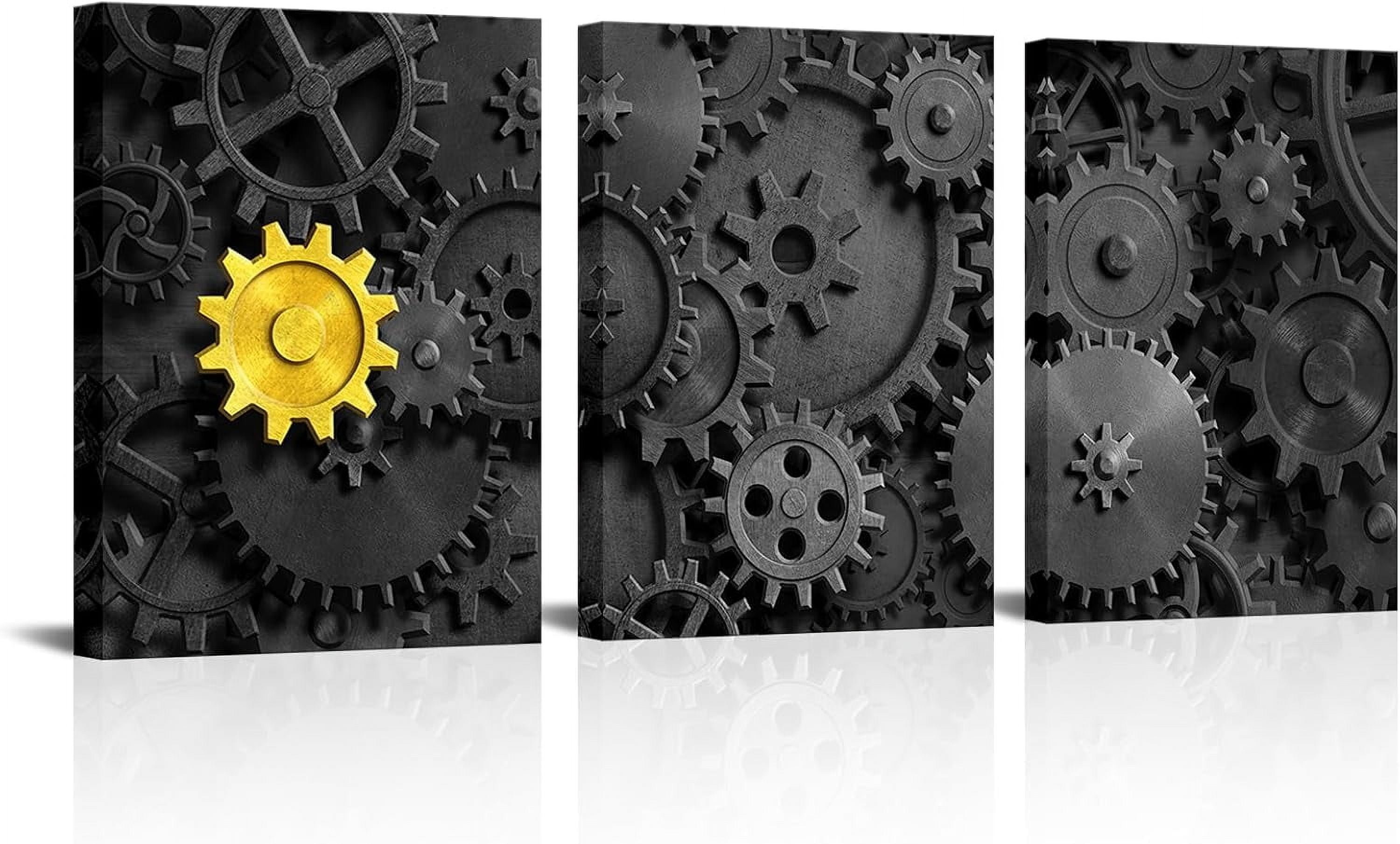 3 Pieces Gear Wheel Canvas Wall Art Black Yellow Industrial Steampunk ...