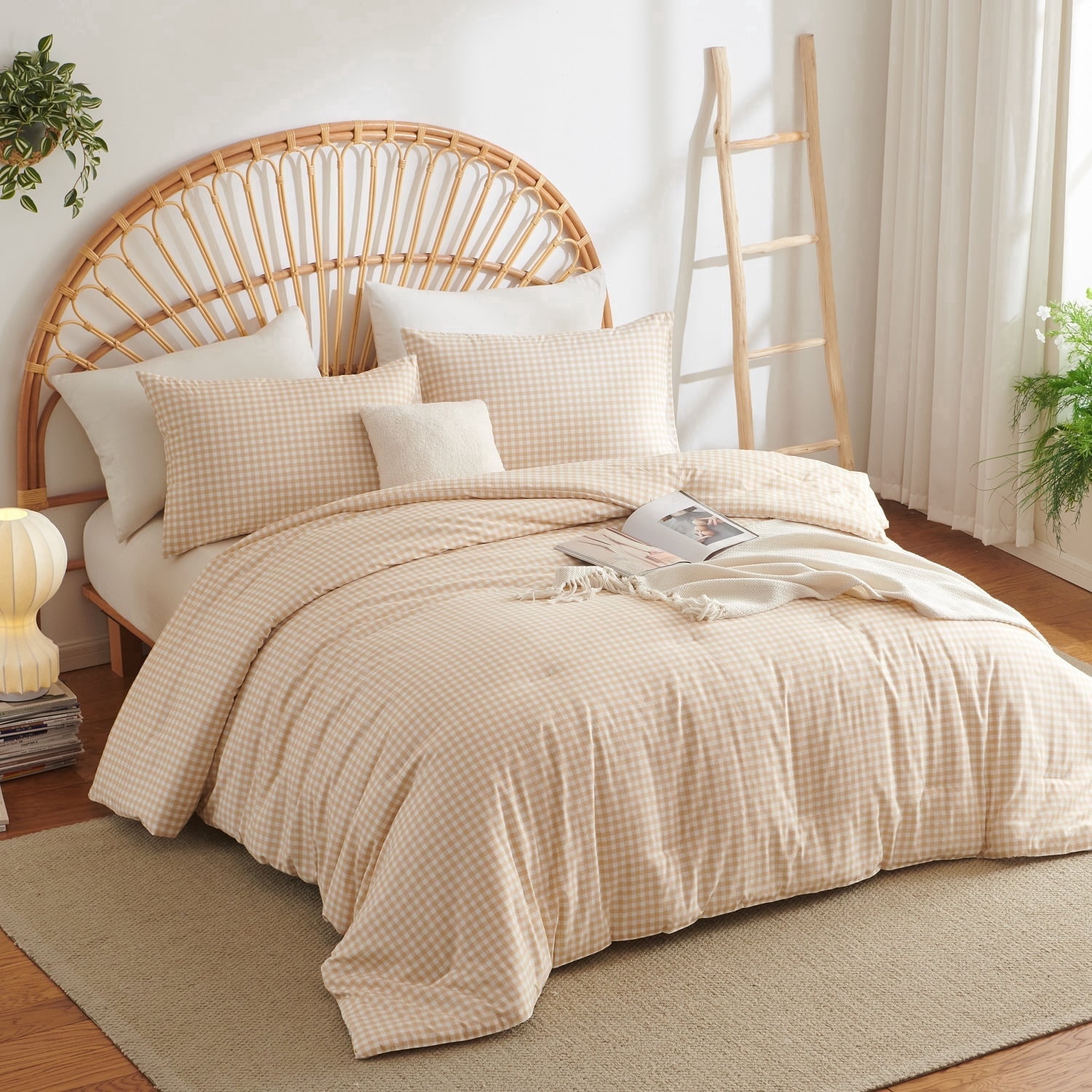 3 Pieces Gingham Comforter Set Modern Style Beige Plaid Full Comforter ...