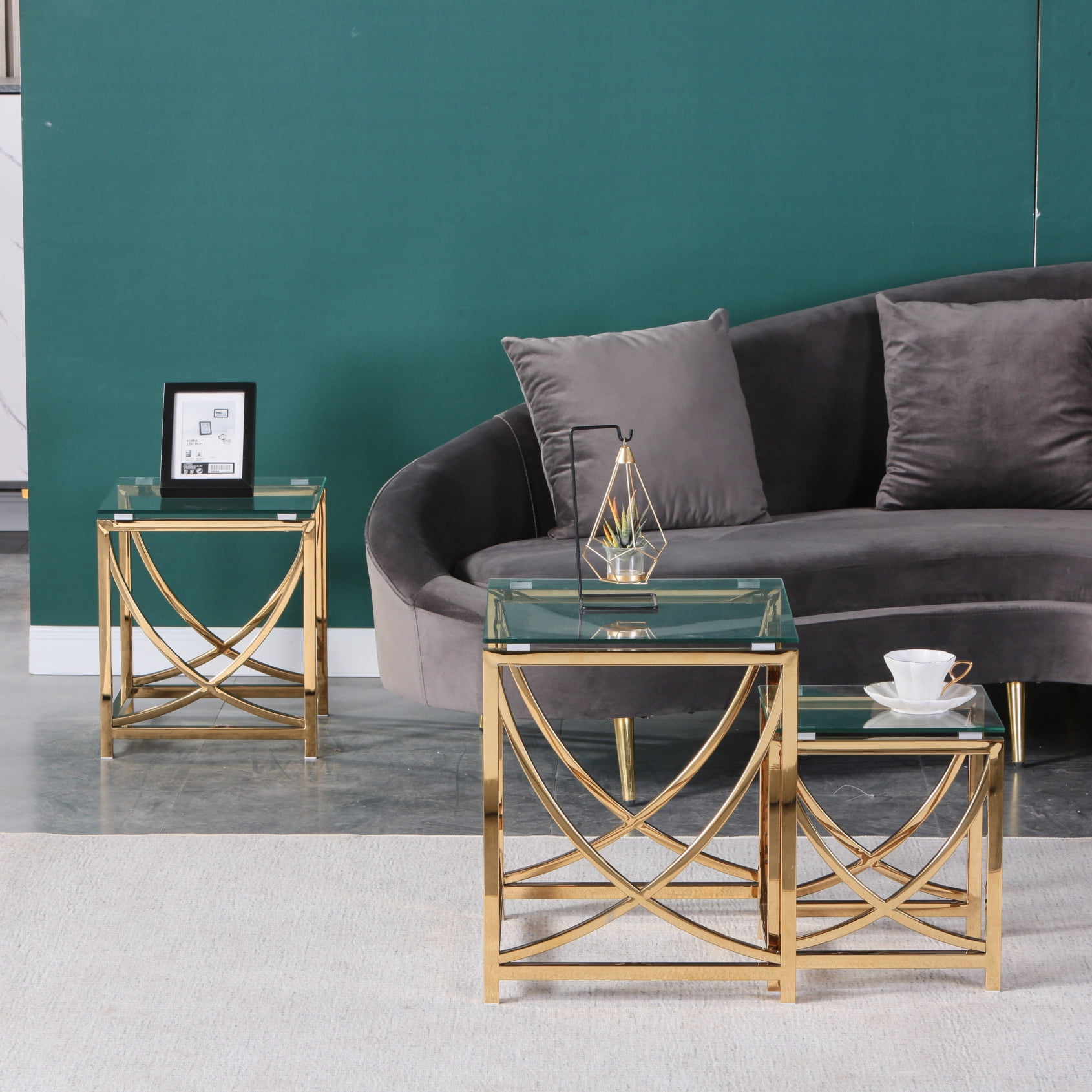 3 Pieces Gold Square Nesting Glass Tea Table with Curve Pattern, Modern ...