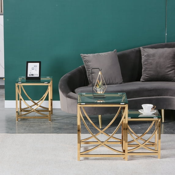 3 Pieces Gold Square Nesting Glass Tea Table with Curve Pattern, Modern ...
