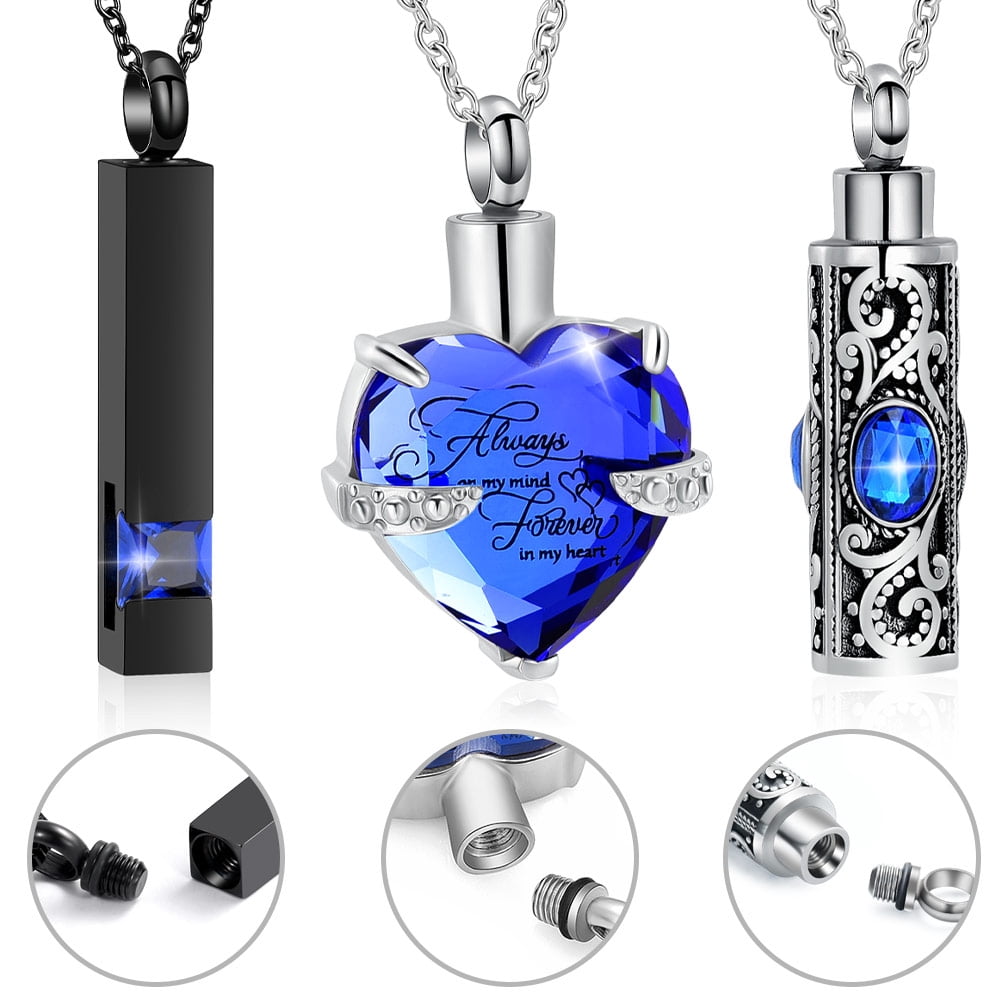 3 Pieces Heart & Cylinder Ashes Urn Necklace Crystal Cremation Necklace ...