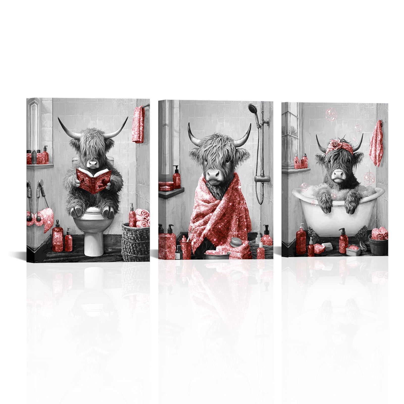 3 Pieces Highland Cow Bathroom Wall Art Bathroom Animal Canvas Funny ...