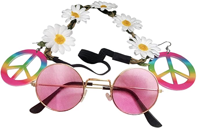 3 Pieces Hippie Costume Set Includes Rainbow Peace Sign Earrings Flower Crown Headband and ...