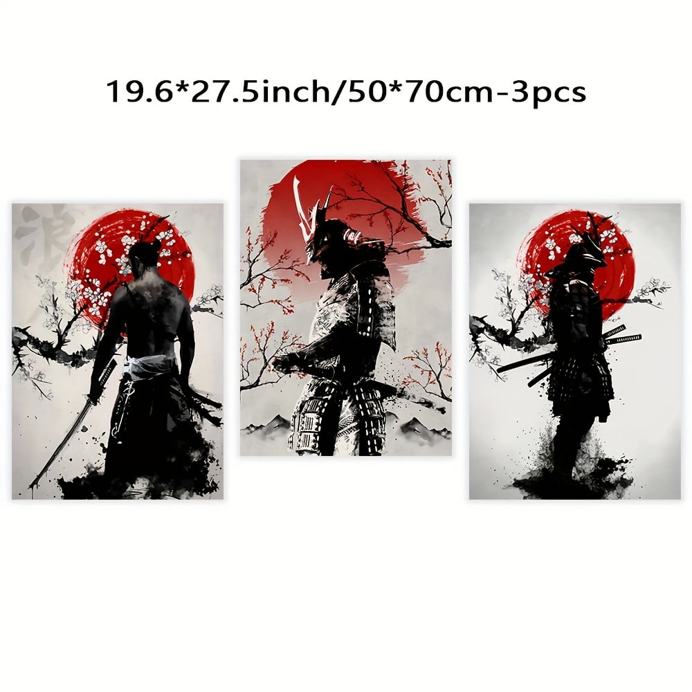 3 Pieces Japanese Samurai and Sakura Oil Painting Art-Vintage Bushido ...