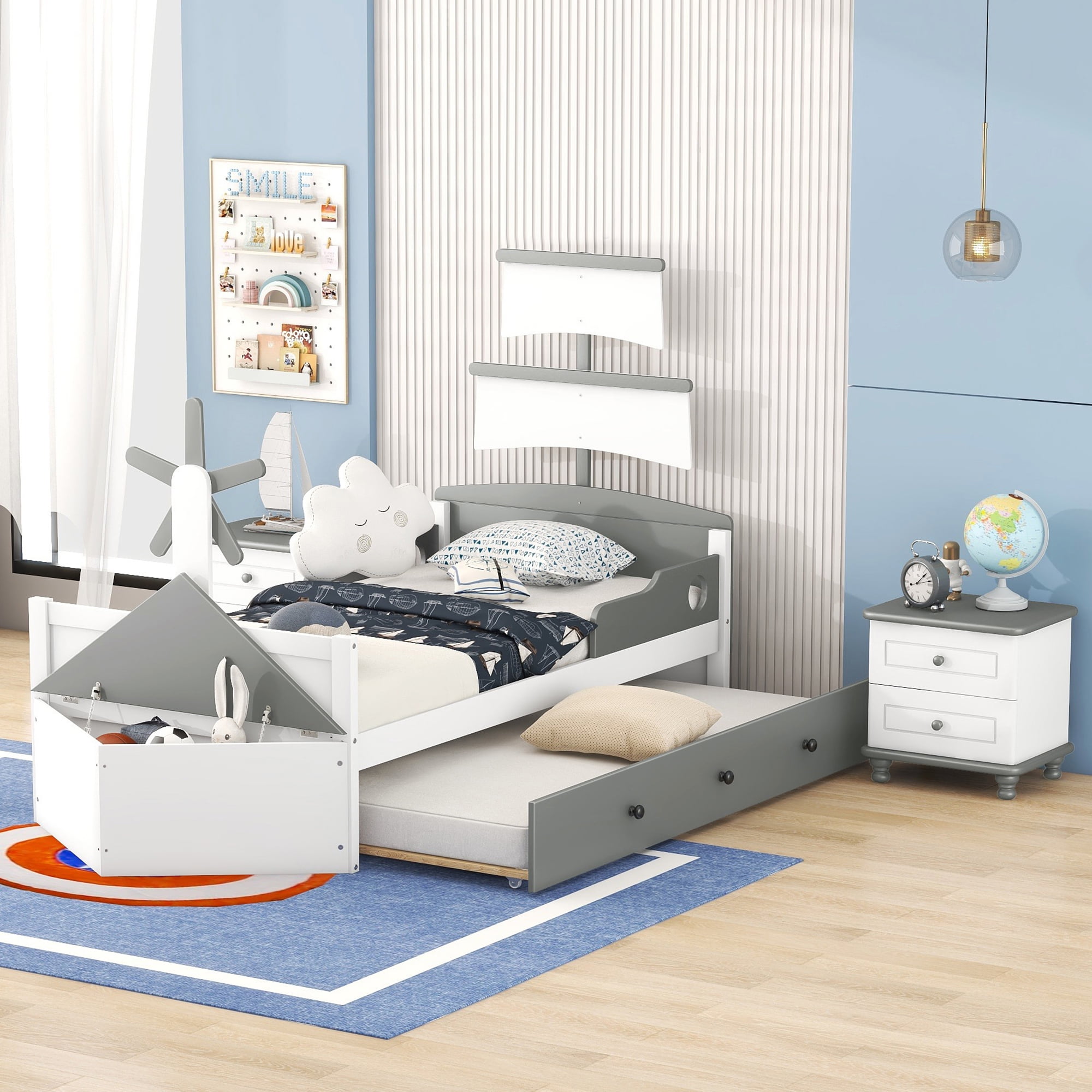 3-Pieces Kids Platform Bed With Trundle 2 Nightstands Twin Size Boat ...