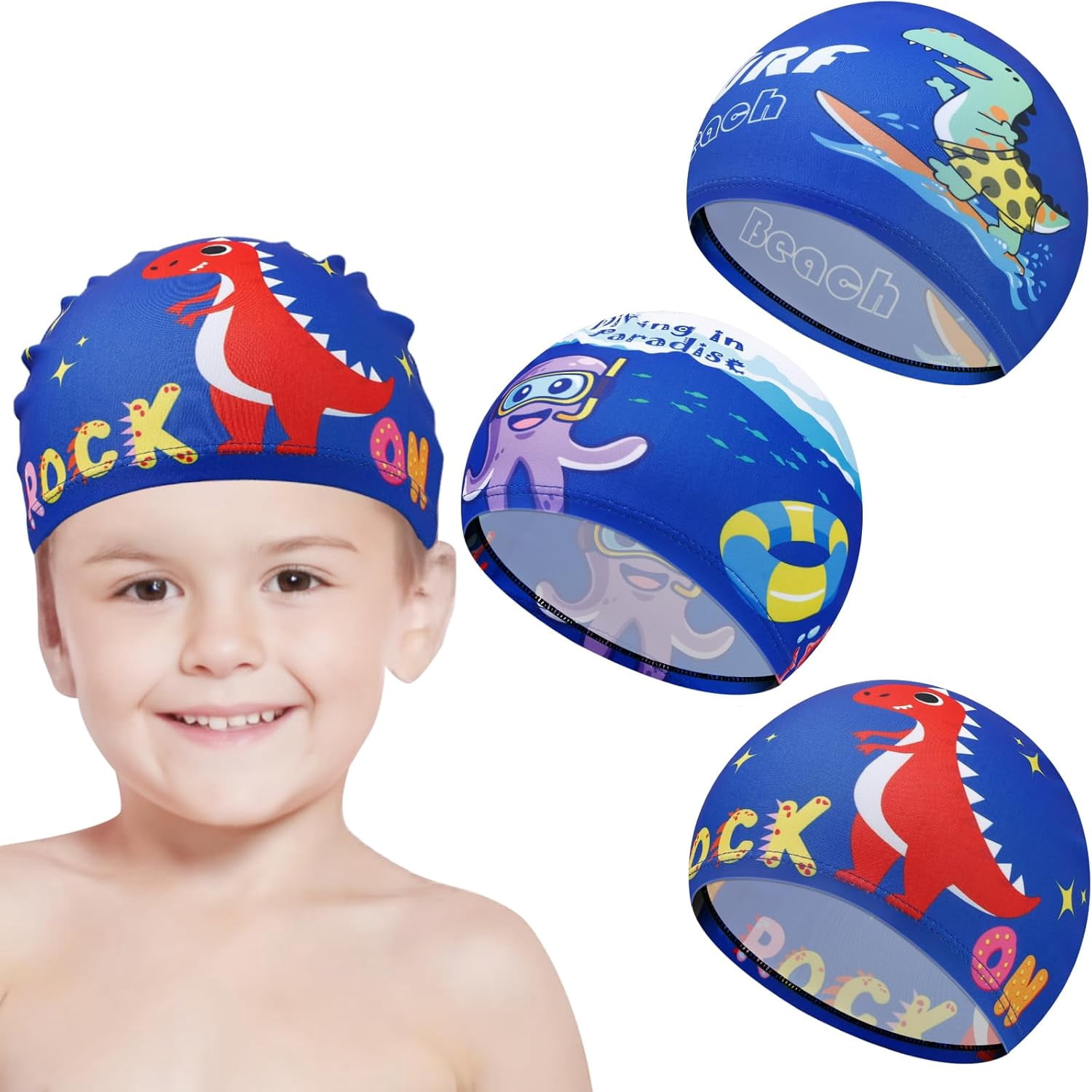 3 Pieces Kids Swim Caps,Fabric Swimming Caps for Kids,Cute Swim Cap for ...