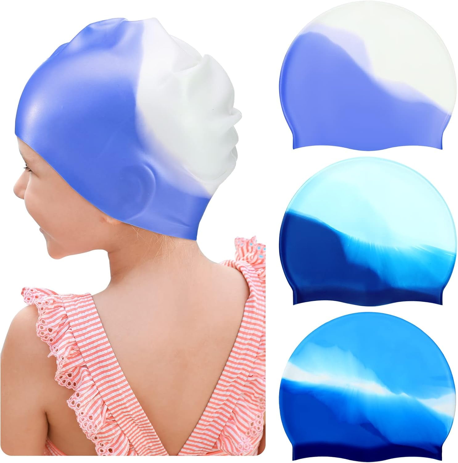 3 Pieces Kids Swim Caps for Long Hair Silicone Swimming Cap for Girls ...