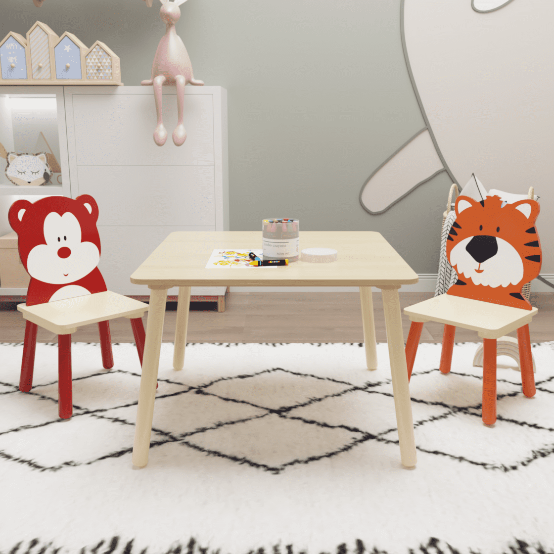 3 Pieces Kids Table and 2 Cute Animal Chairs Set, Wooden Toddlers ...