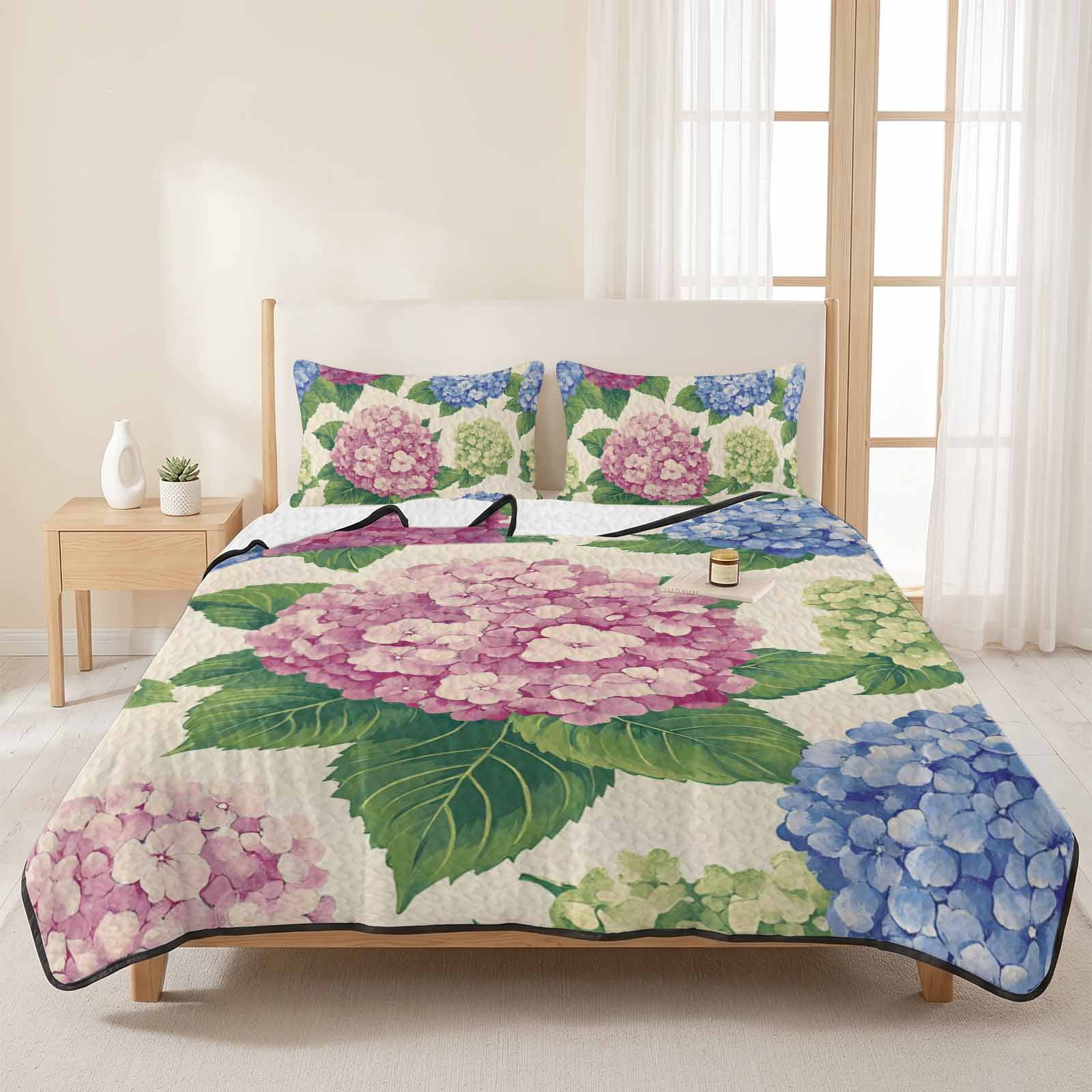 3 Pieces King Quilt Set,Blue Pink Green Hydrangea Blooms Soft Bedding ...