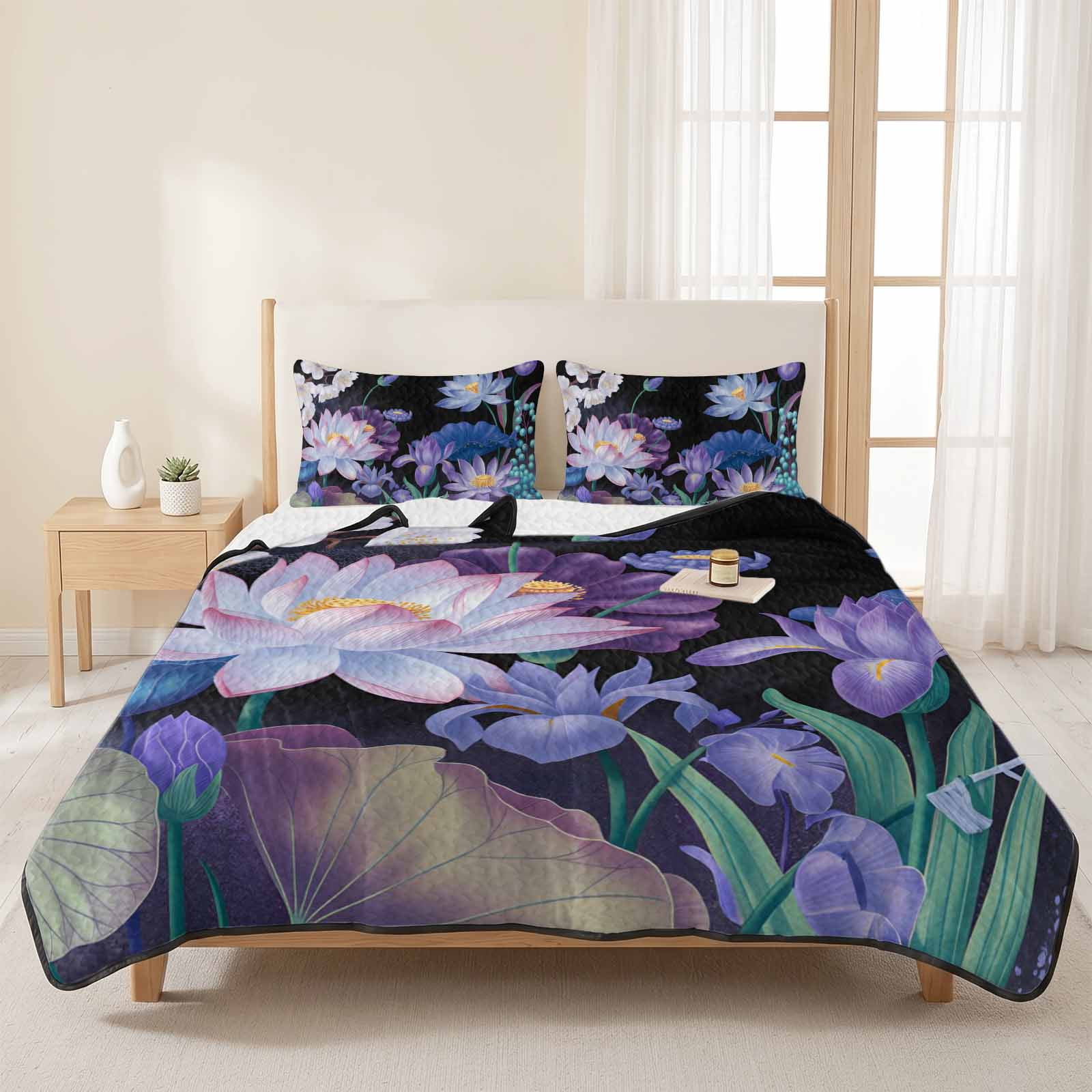 3 Pieces King Quilt Set,Blue Purple Colorful Lotus Soft Bedding Sets ...