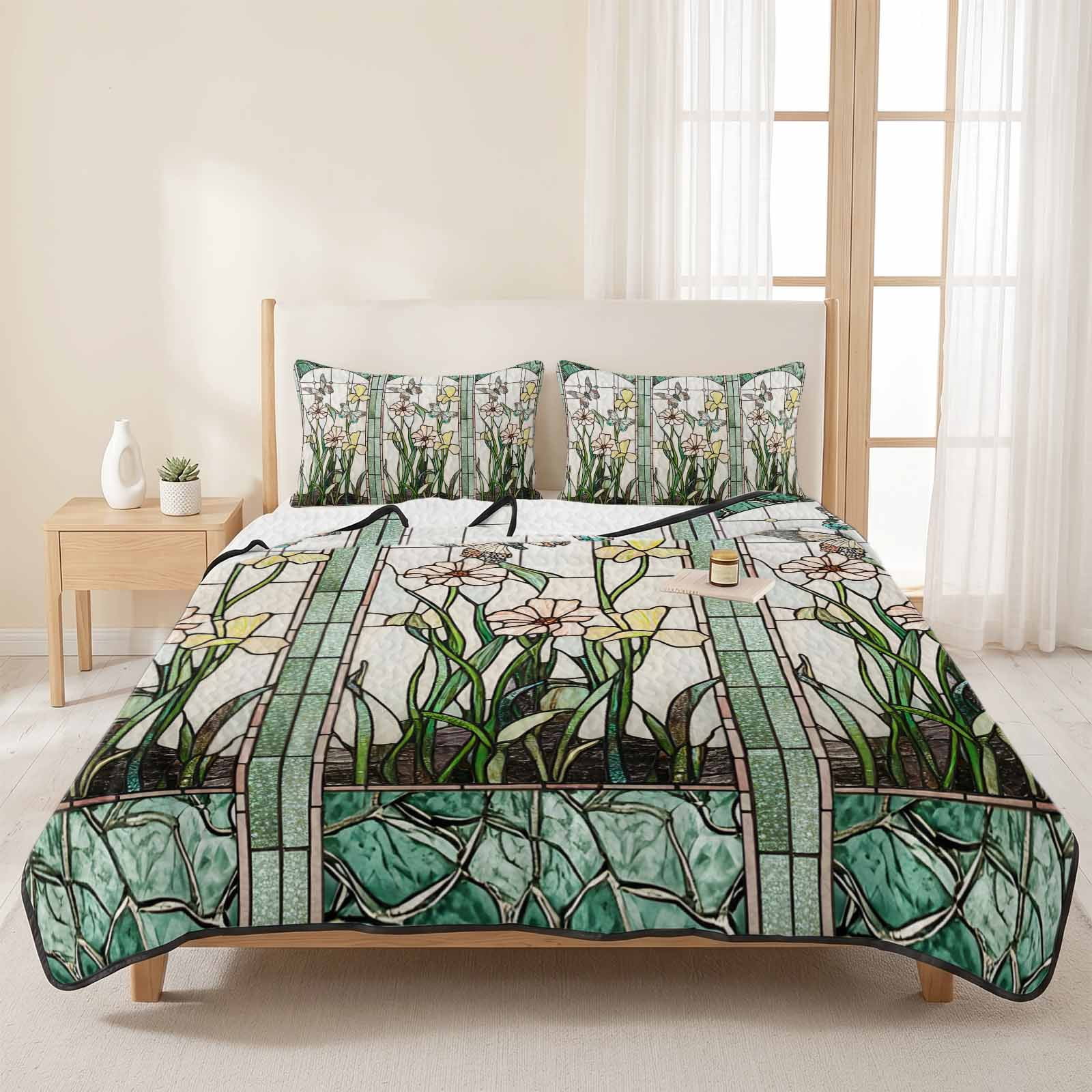 3 Pieces King Quilt Set,Country Butterfly Spring Flower Leaves Soft ...