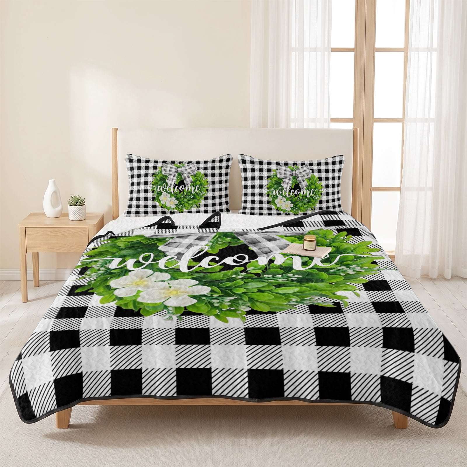3 Pieces King Quilt Set,Farmhouse Boxwood Wreath Soft Bedding Sets with ...