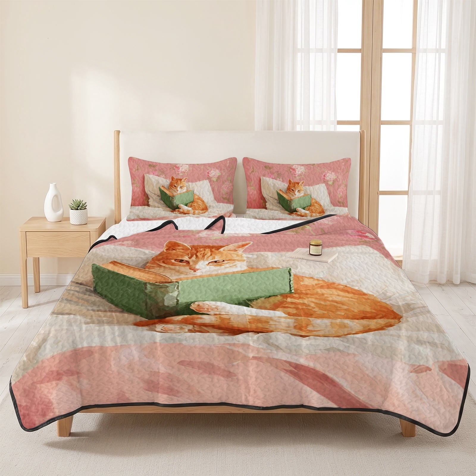3 Pieces King Quilt Set,Ginger Cat Reading Book Soft Bedding Sets with ...