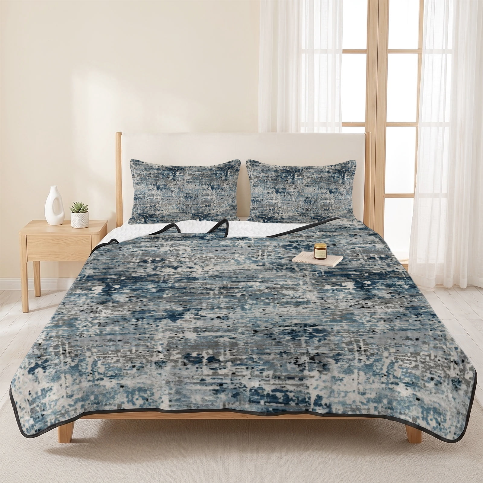 3 Pieces King Quilt Set,Gradient Grey Navy Blue Soft Bedding Sets with ...