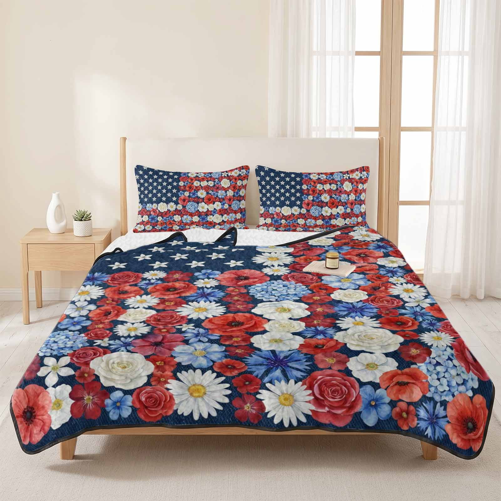 3 Pieces King Quilt Set,Independence Day Flower USA Flag Soft Bedding ...