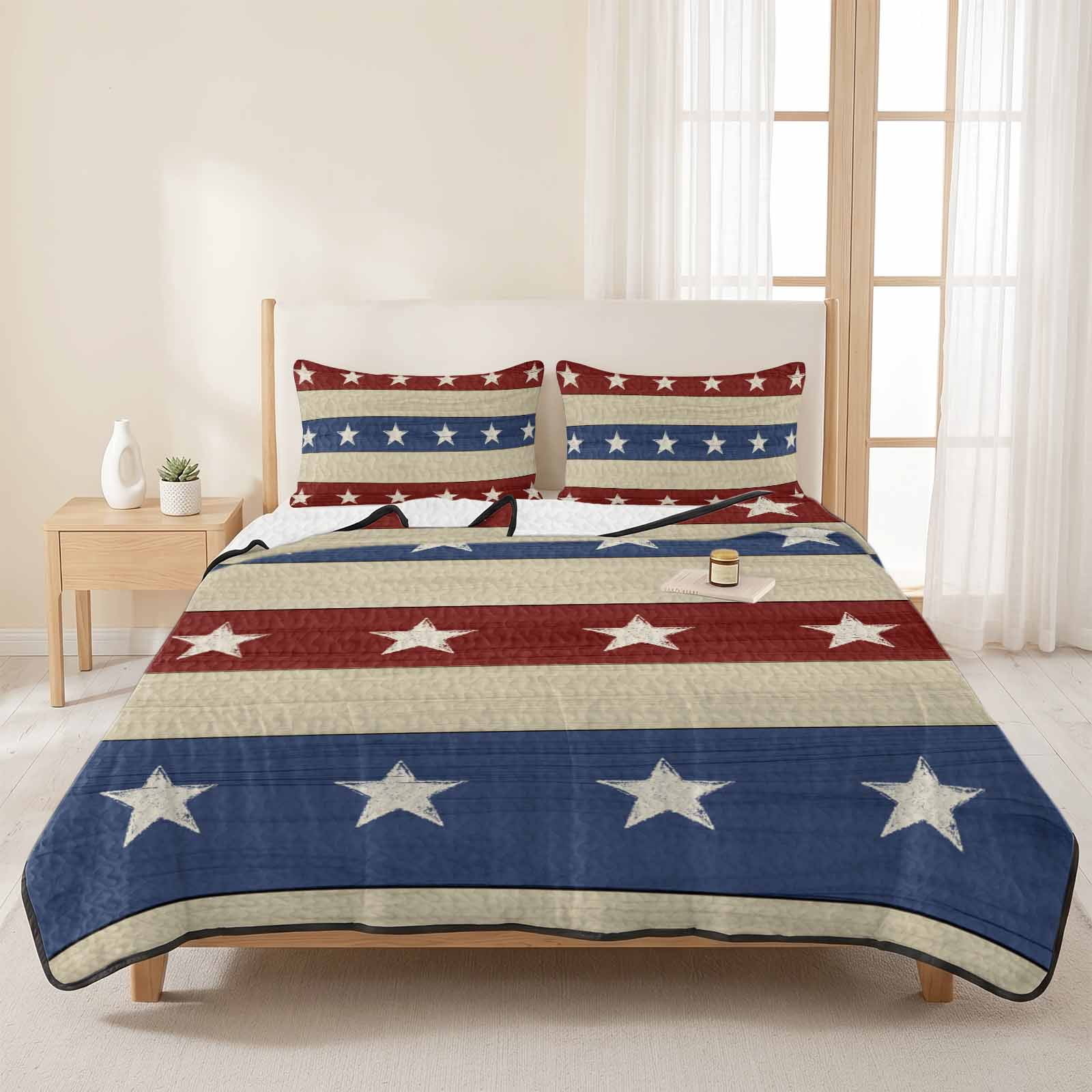 3 Pieces King Quilt Set,Independence Day Stars and Stripes Soft Bedding ...