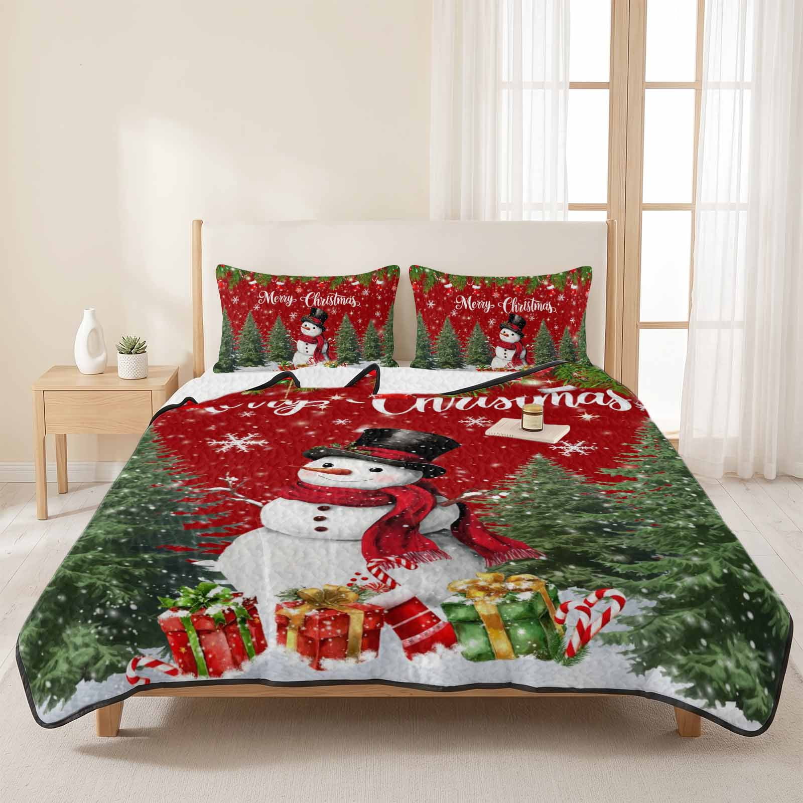 3 Pieces King Quilt Set,Merry Christmas Snowman Green Pine Tree Soft ...