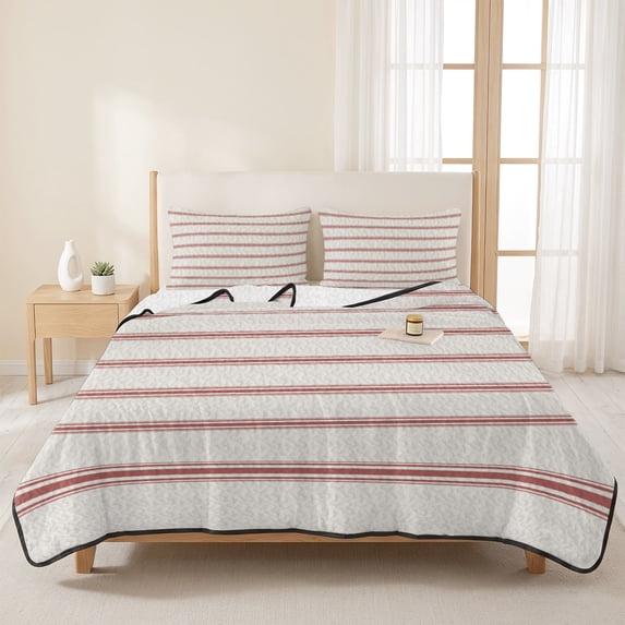 3 Pieces King Quilt Set,Minimalist Art Red Stripe on Beige Soft Bedding ...