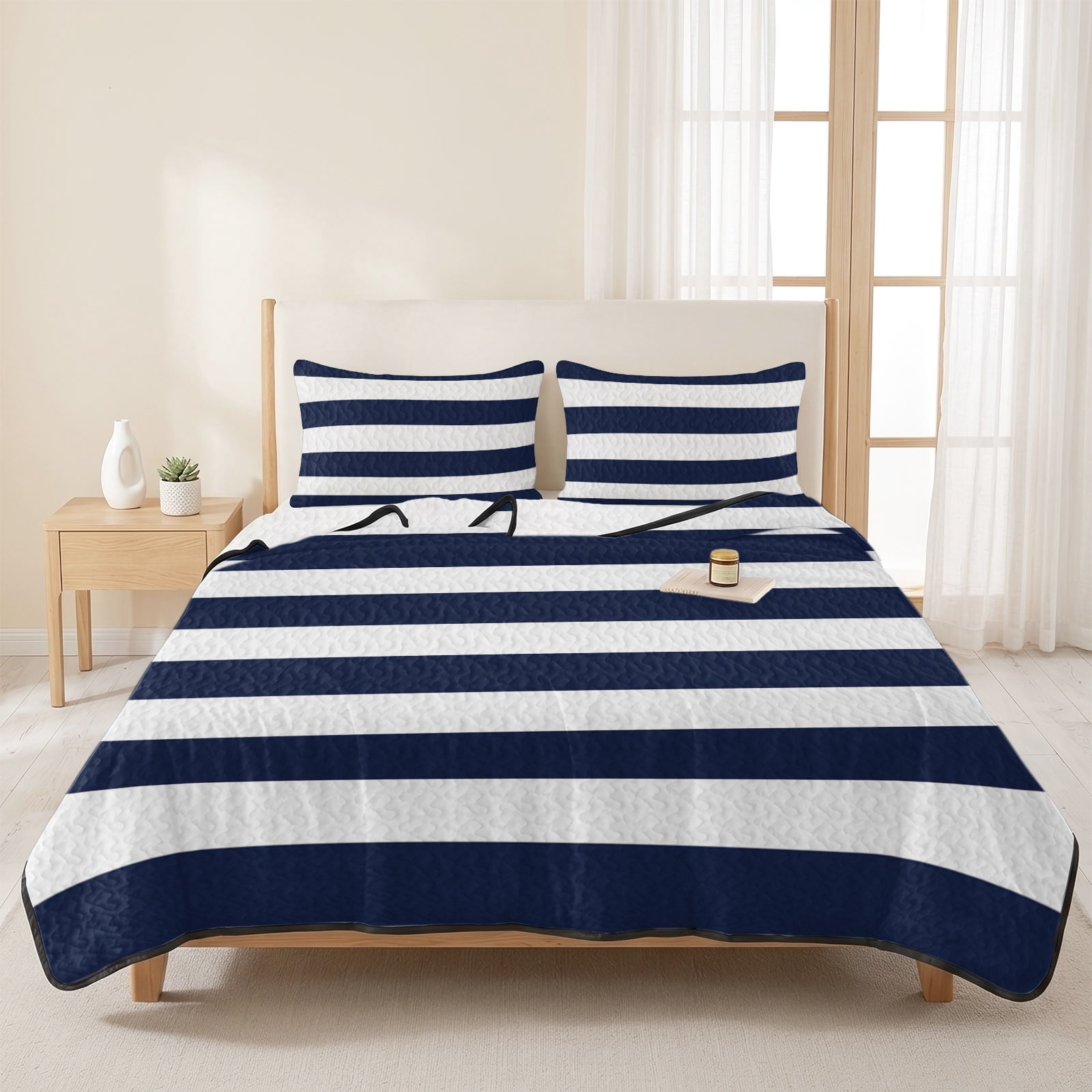 3 Pieces King Quilt Set,Navy Blue Stripe Summer Nautical Theme Soft ...