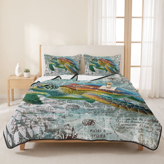 3 Pieces King Quilt Set,Ocean Sea Turtle Nautical Map Soft Bedding Sets ...