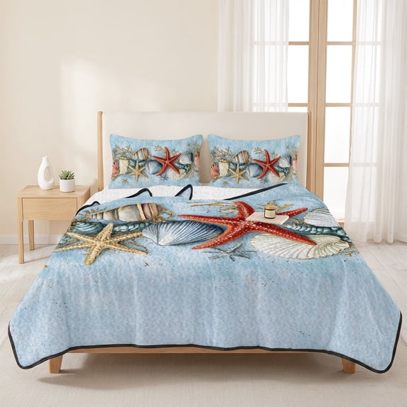 3 Pieces King Quilt Set,Ocean Starfish Shell Conch Soft Bedding Sets ...