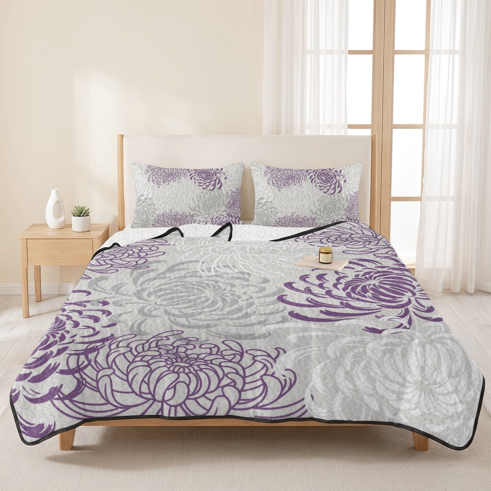 3 Pieces King Quilt Set,Purple Flower Chrysanthemum Soft Bedding Sets ...