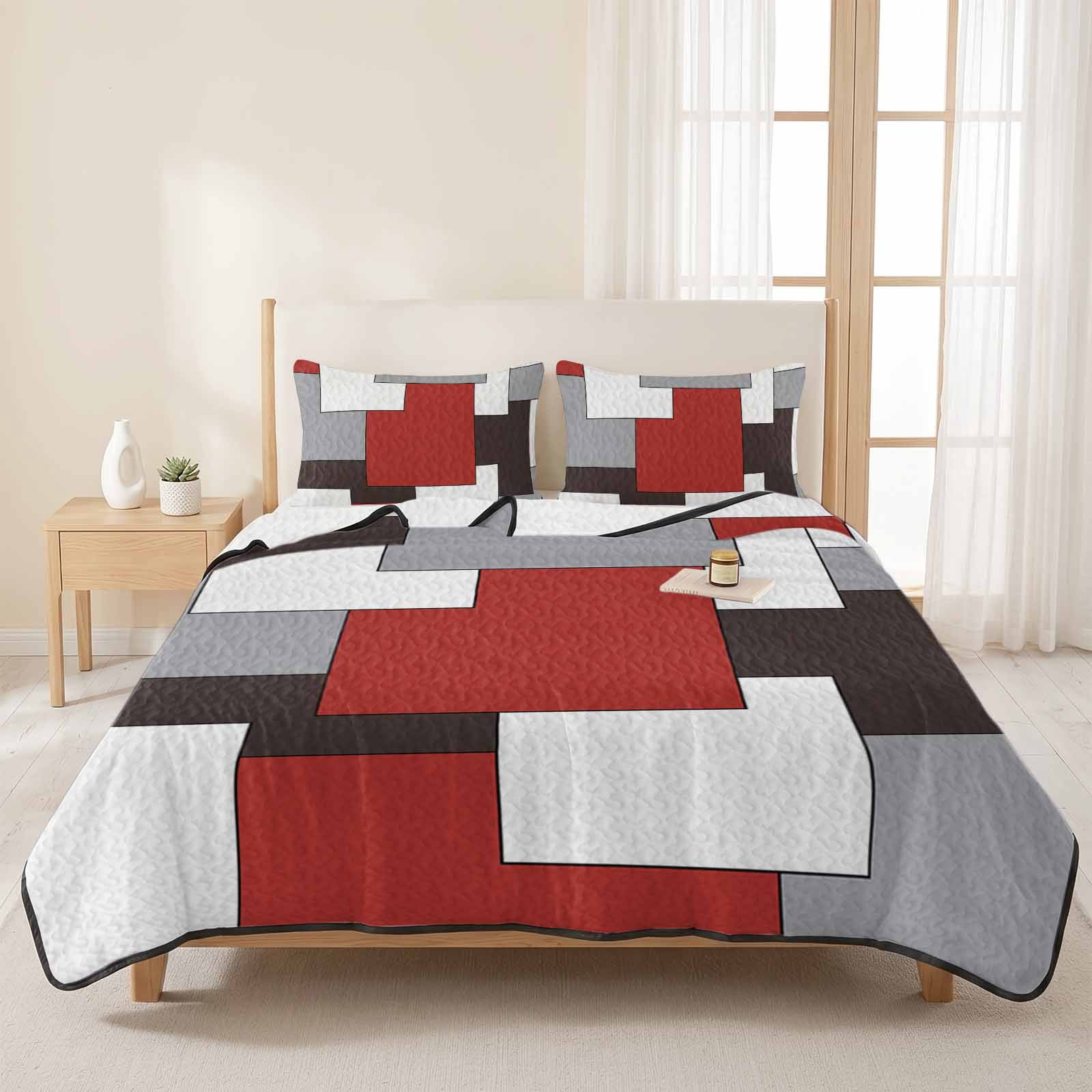 3 Pieces King Quilt Set,Red Color Block Grey Abstract Geometric Soft ...