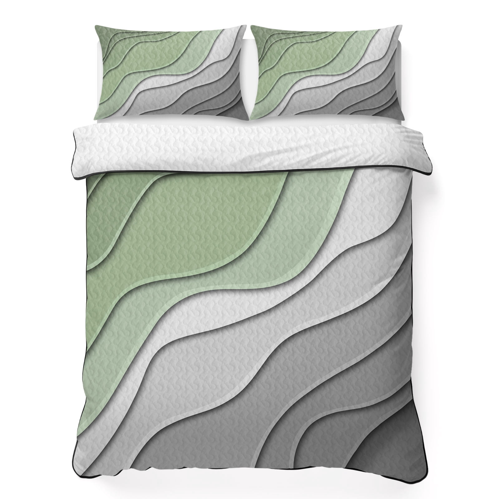 3 Pieces King Quilt Set,Sage Green Gradient Stripe Ripple Soft Bedding ...