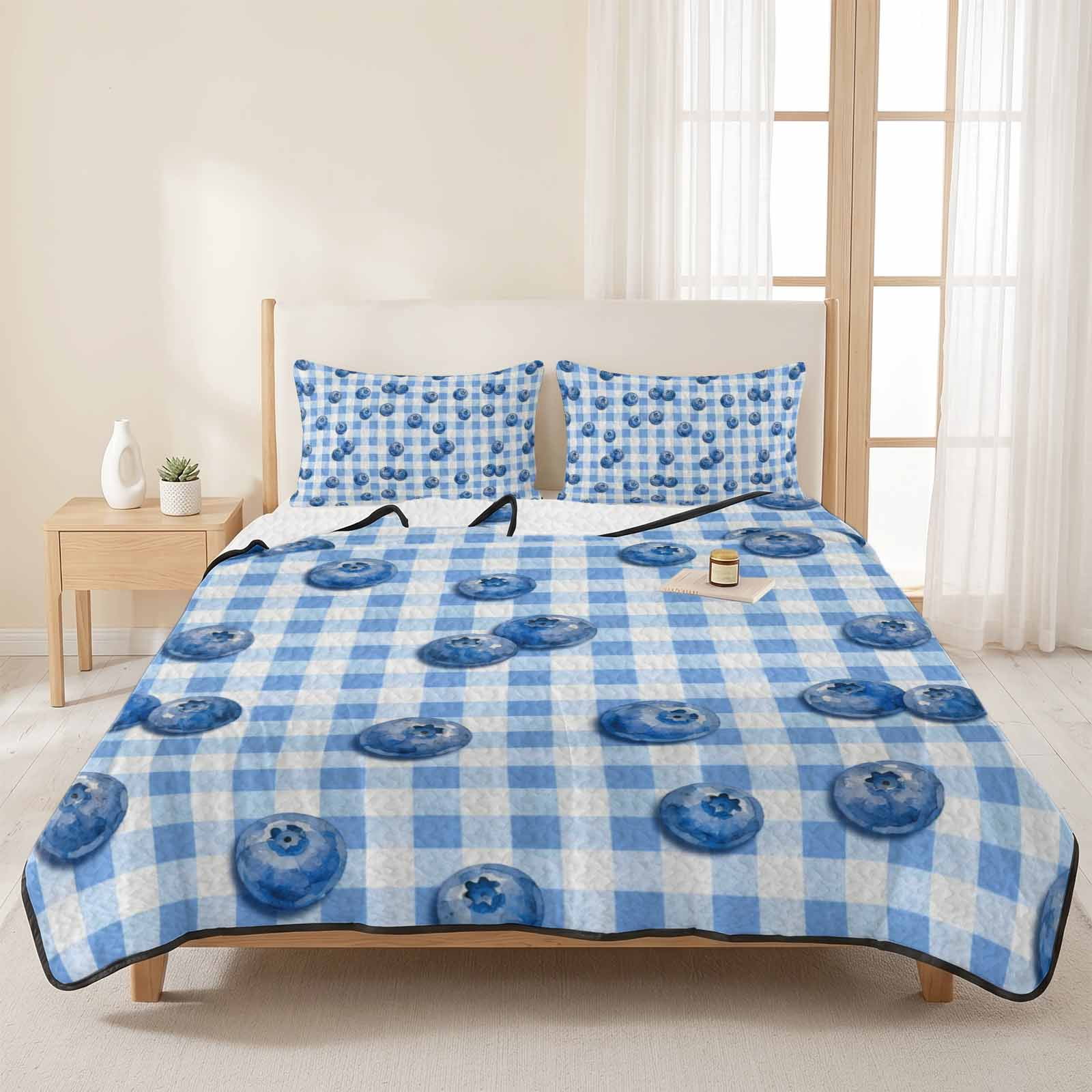 3 Pieces King Quilt Set,Summer Fruit Blueberries Pattern Soft Bedding ...