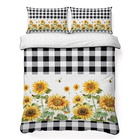 3 Pieces King Quilt Set,Summer Sunflower Plant Soft Bedding Sets with 1 ...