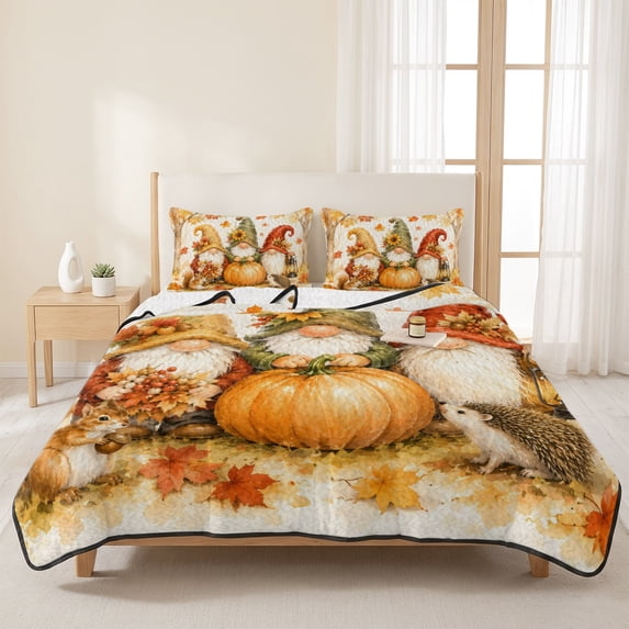 3 Pieces King Quilt Set,Thanksgiving Gnome Pumpkin Soft Bedding Sets ...