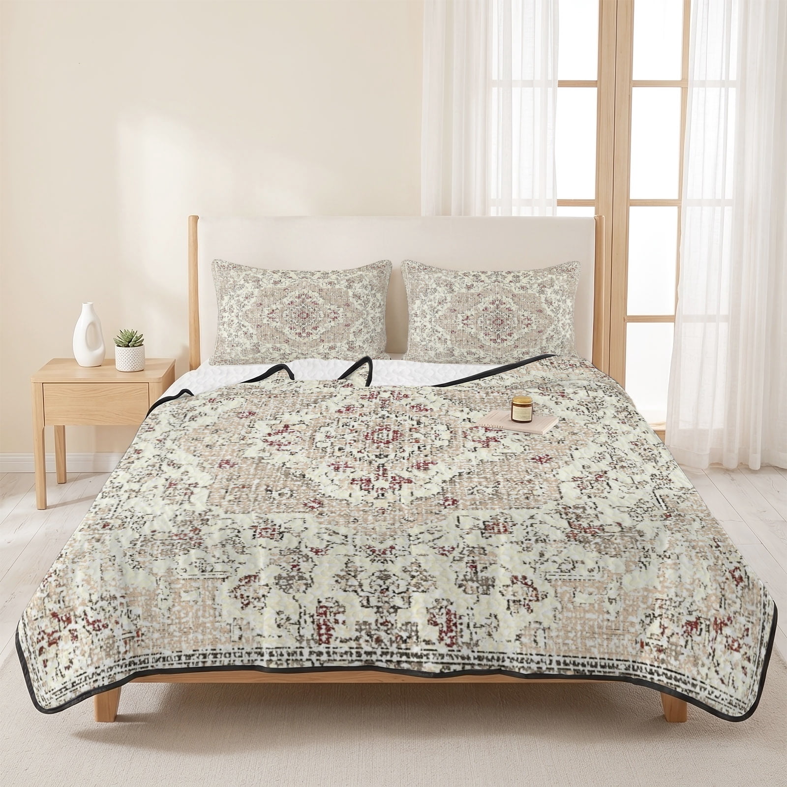 3 Pieces King Quilt Set,Vintage Ethnic Flower Texture Soft Bedding Sets ...
