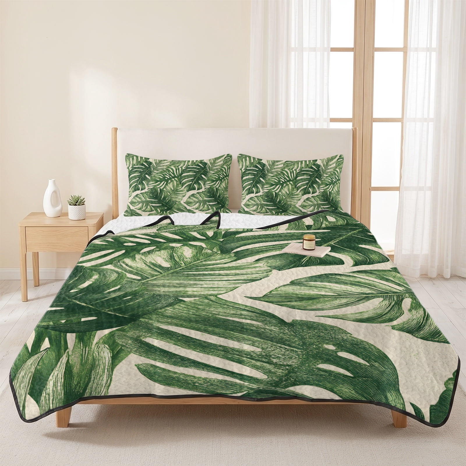 3 Pieces King Quilt Set,Vintage Palm Leaves Soft Bedding Sets with 1 ...