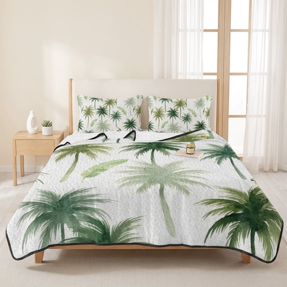 3 Pieces King Quilt Set,Watercolor Green Palm Tree Birds Soft Bedding ...