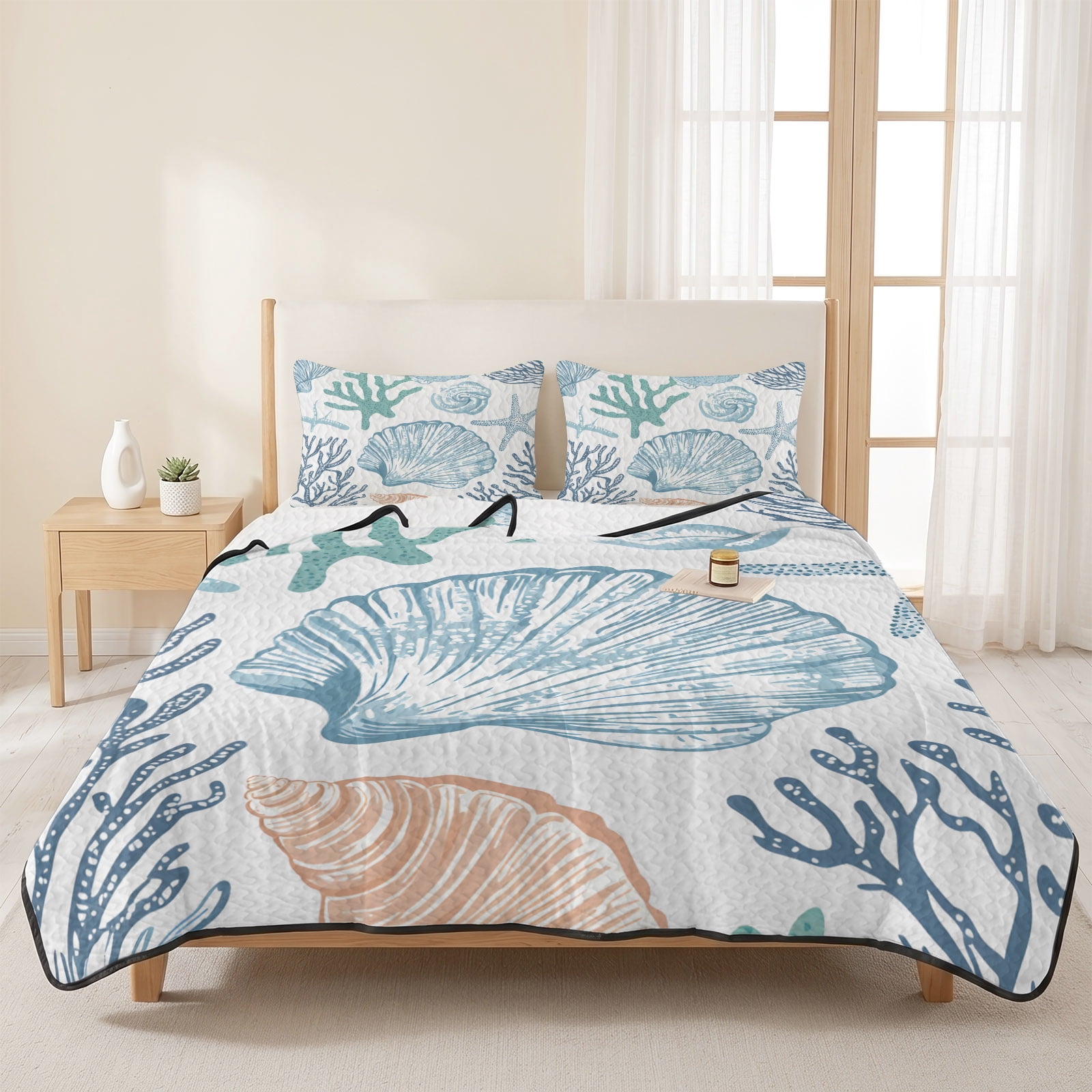 3 Pieces King Quilt Set,Watercolor Marine Shell Starfish Soft Bedding ...