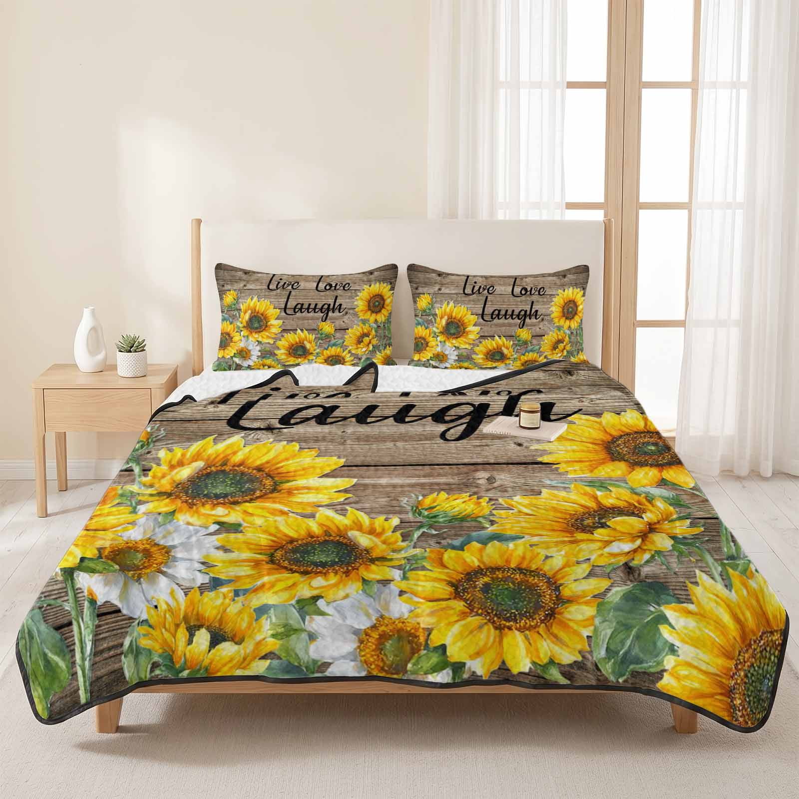 3 Pieces King Quilt Set,Watercolor Sunflower Leaf Plant Soft Bedding ...