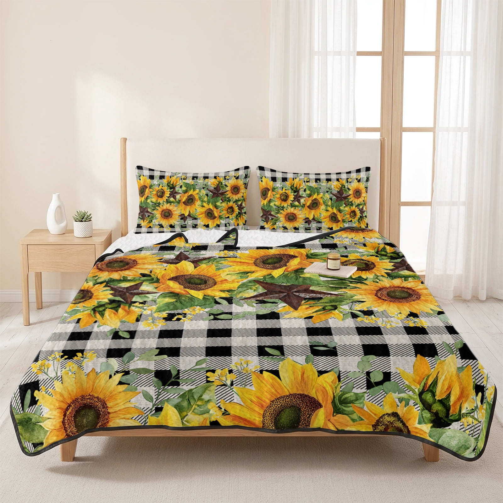 3 Pieces King Quilt Set,Watercolor Sunflower Leaves Western Star Soft ...