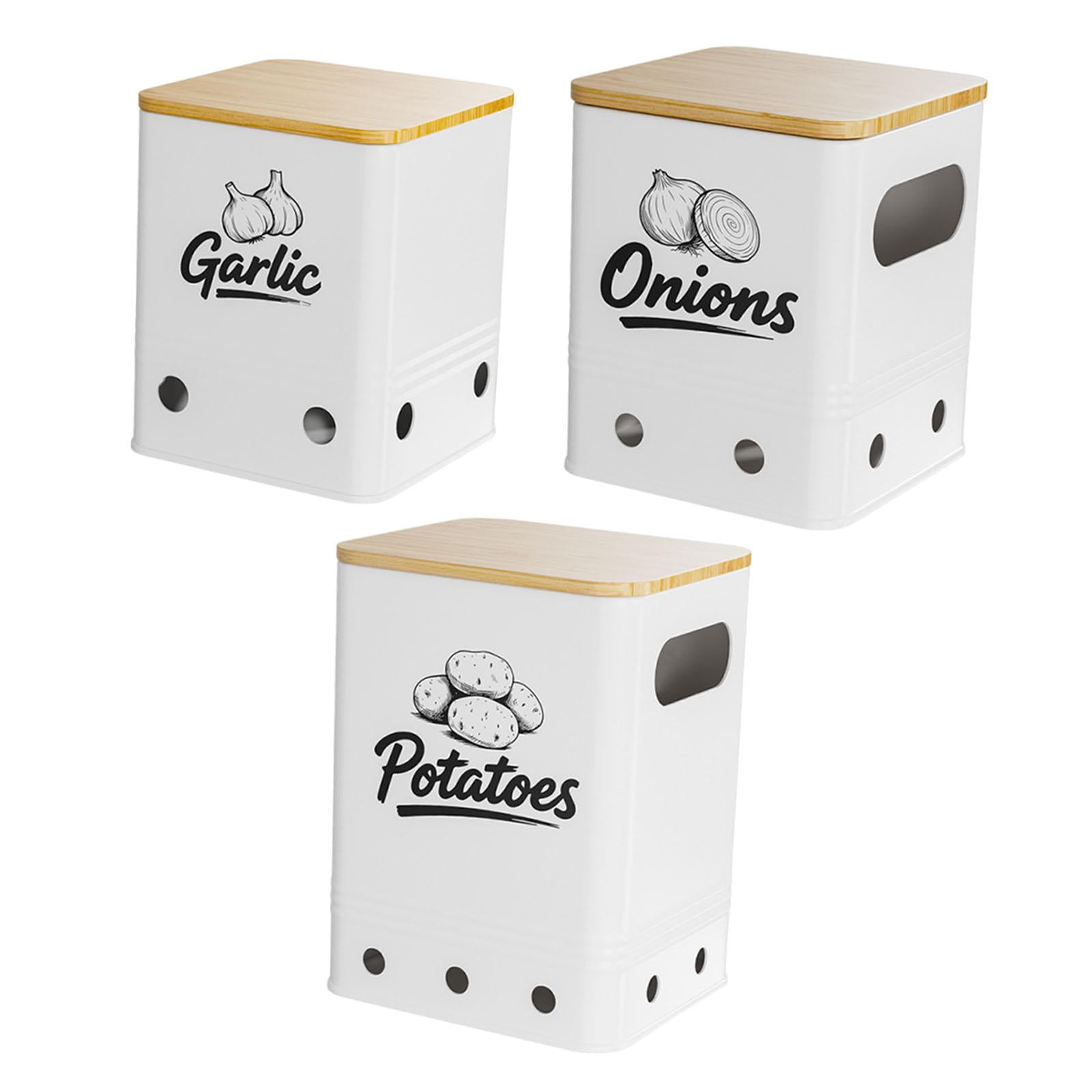 3 Pieces Kitchen Canisters Potato Onion Garlic Sturdy Iron Bamboo ...