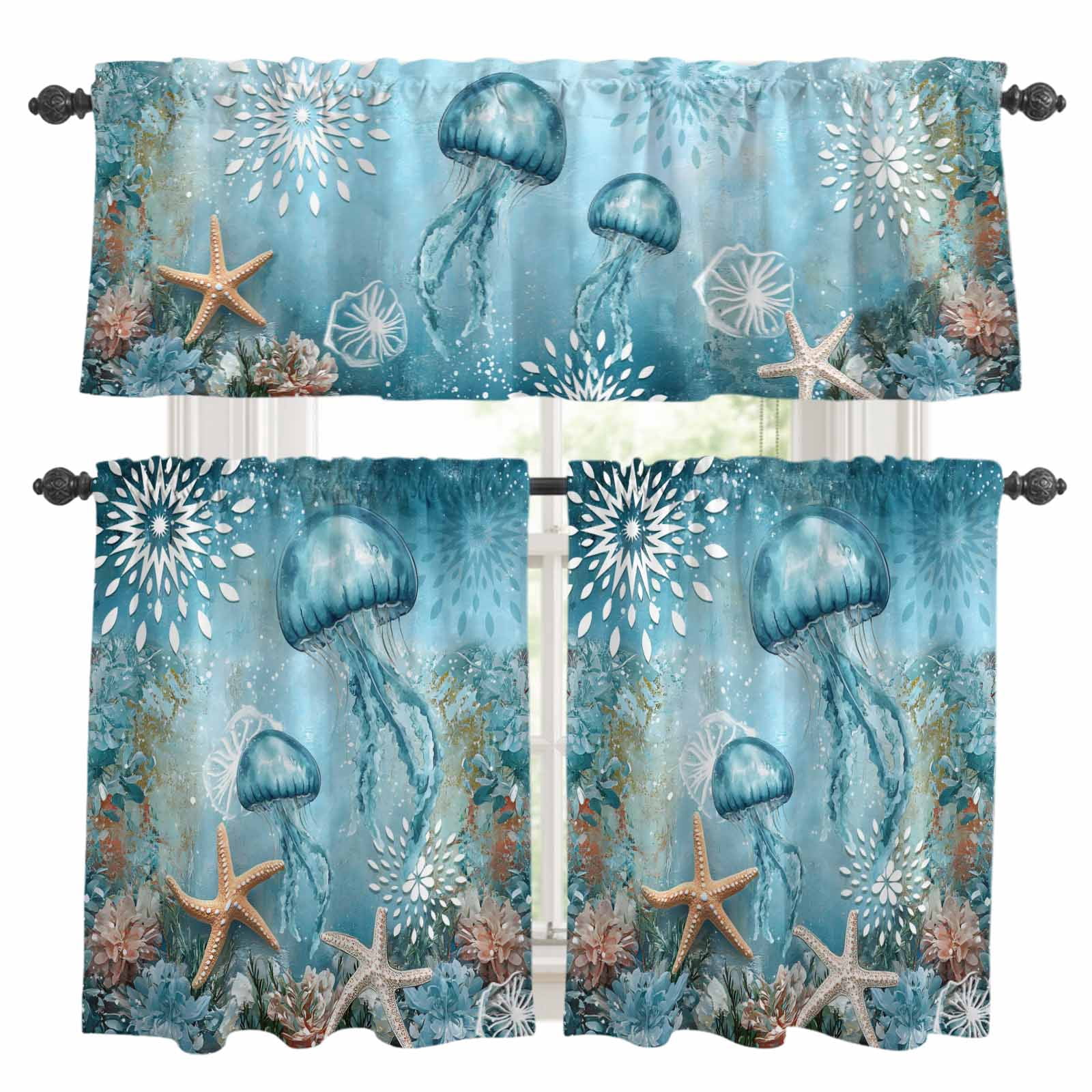3 Pieces Kitchen Curtain Valance and Tiers Set, Coastal Jellyfish ...