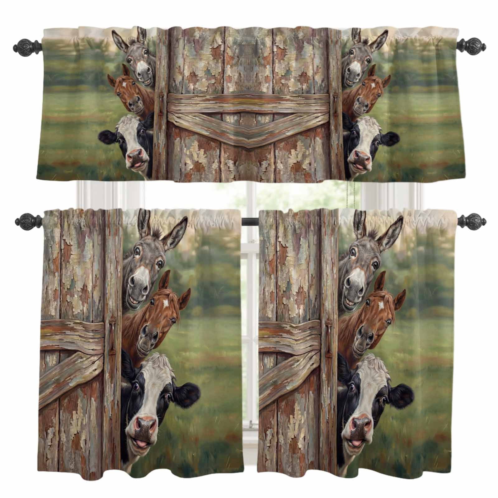 3 Pieces Kitchen Curtain Valance and Tiers Set, Farmhouse Animals ...