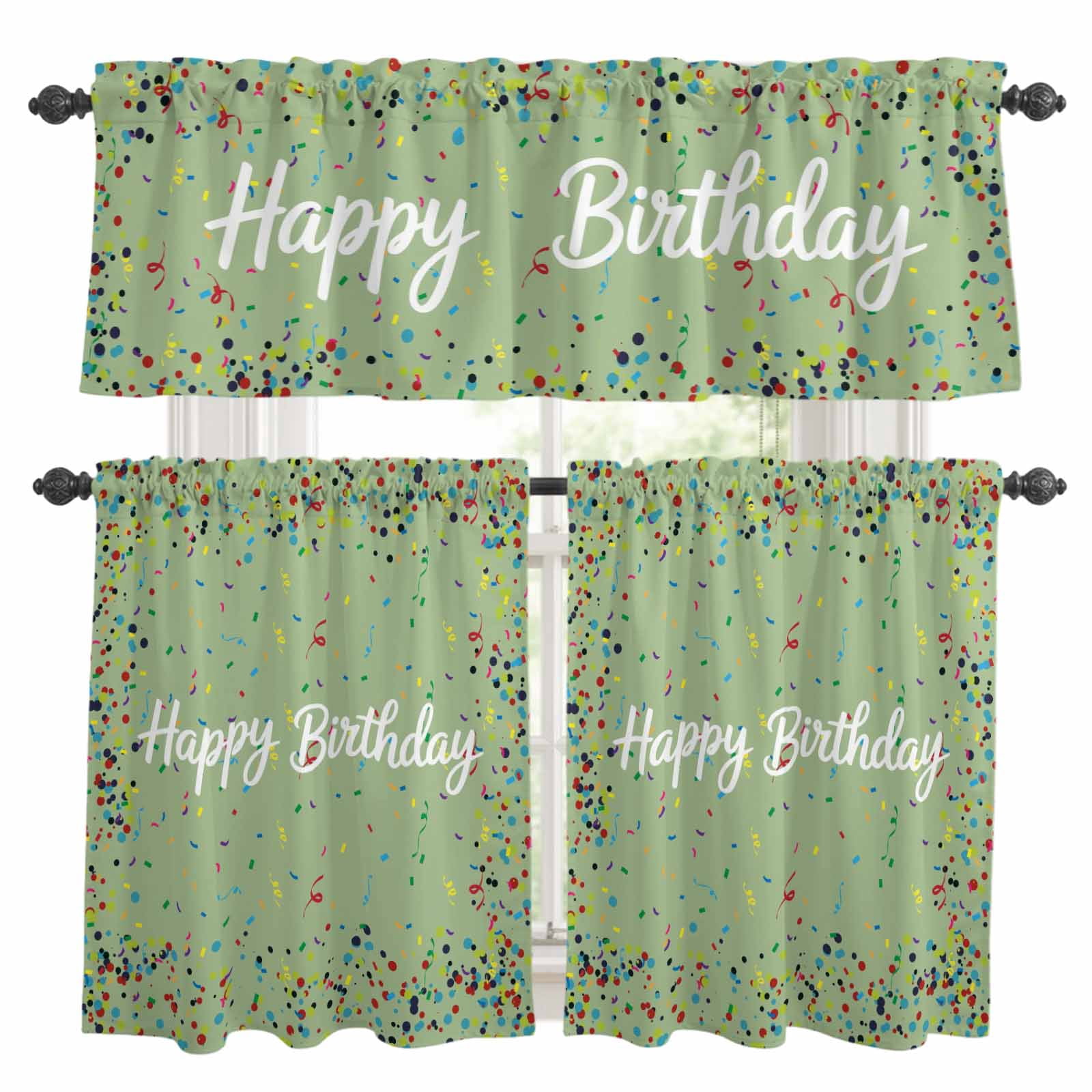 3 Pieces Kitchen Curtain Valance and Tiers Set, Happy Birthday Kitchen ...