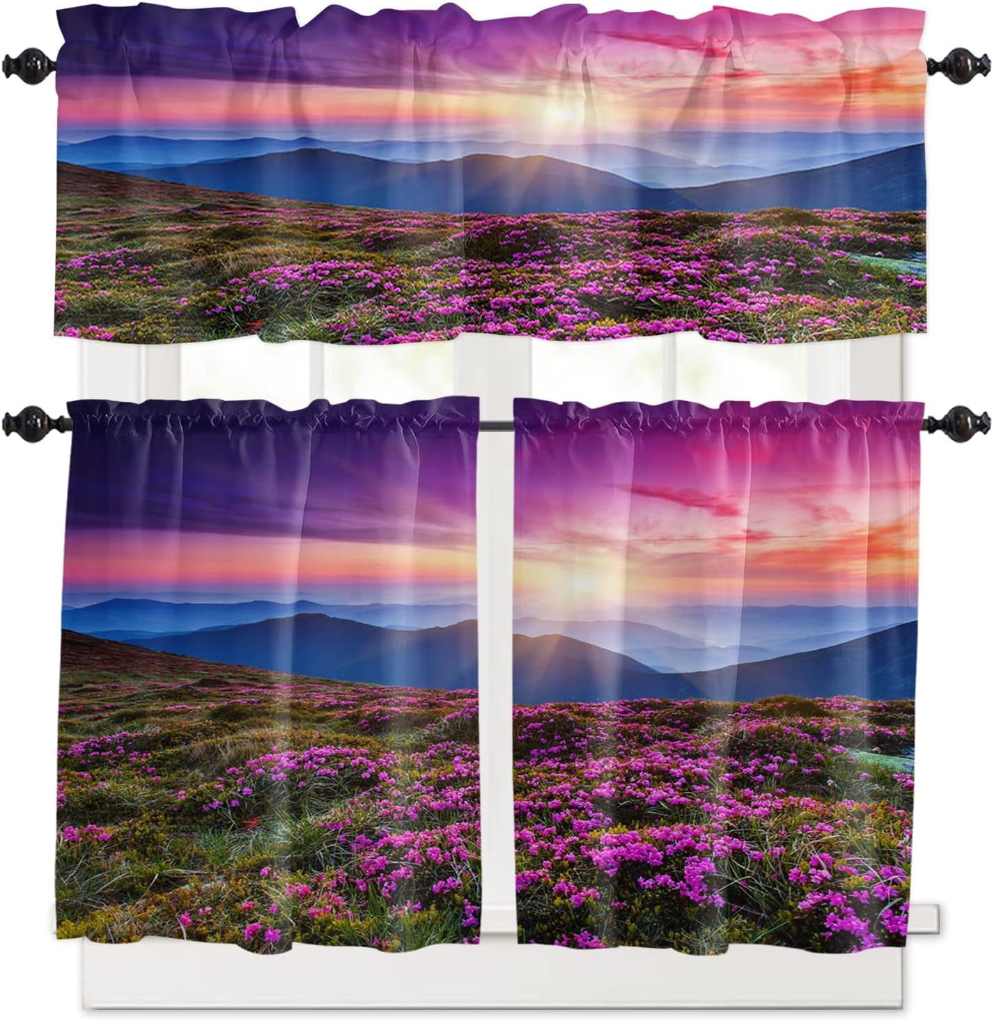 3 Pieces Kitchen Curtains & Valances Set, Lavender Field Purple, Short ...