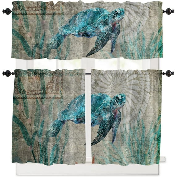 3 Pieces Kitchen Curtains & Valances Set, Vintage Ocean Turtles, Short ...