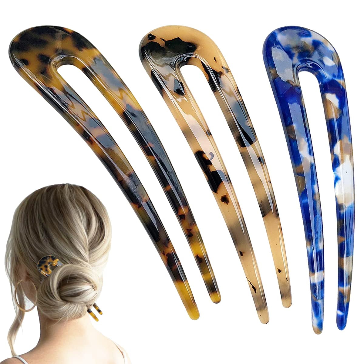 3 Pieces Large U-Shaped Hair Pins for Girls Hairstyle, Acetate French ...