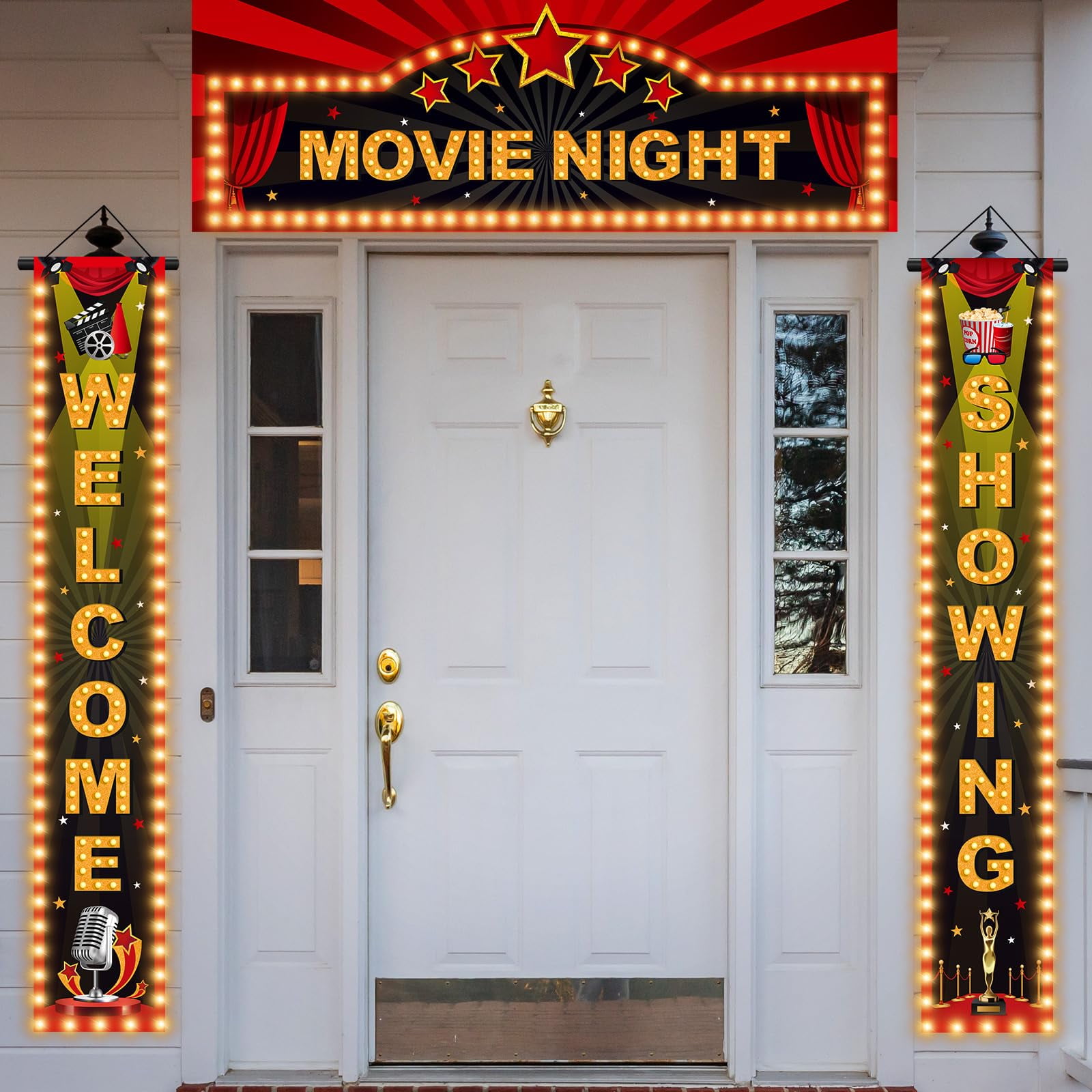 3 Pieces Light Movie Night Porch Sign Banner LED Movie Theme Party ...