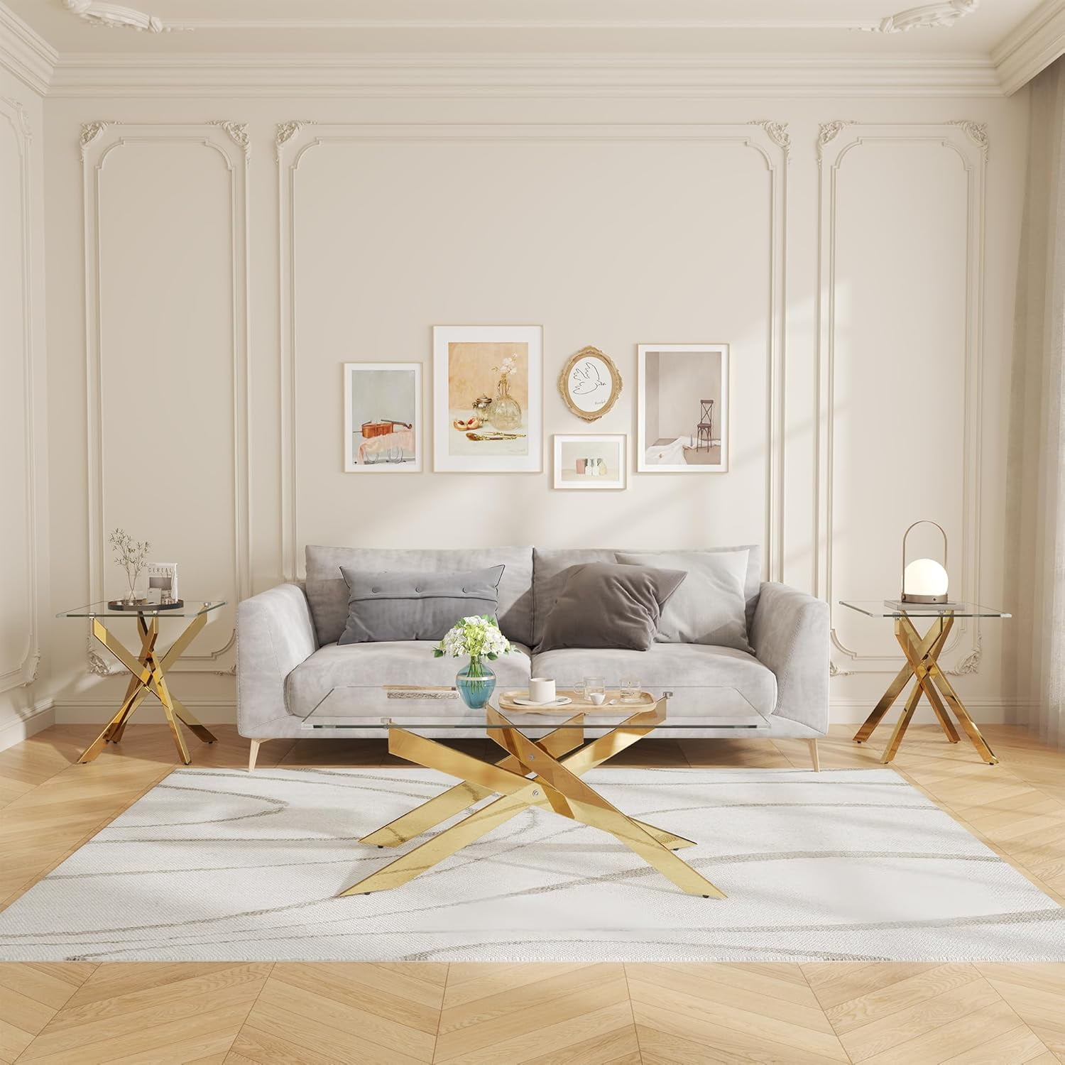 3 Pieces Living Room Table Set, Include 1 Rectangle Glass Coffee Table ...